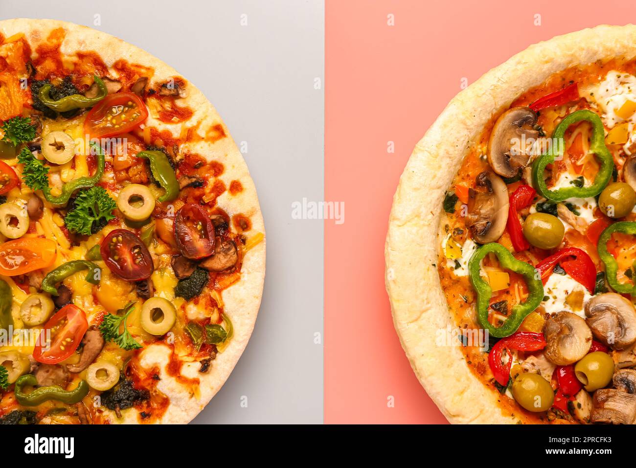 Vegetable pizzas with on colorful background Stock Photo - Alamy