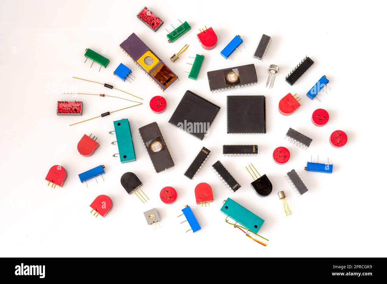 Group of various electronic components isolated on white background ...