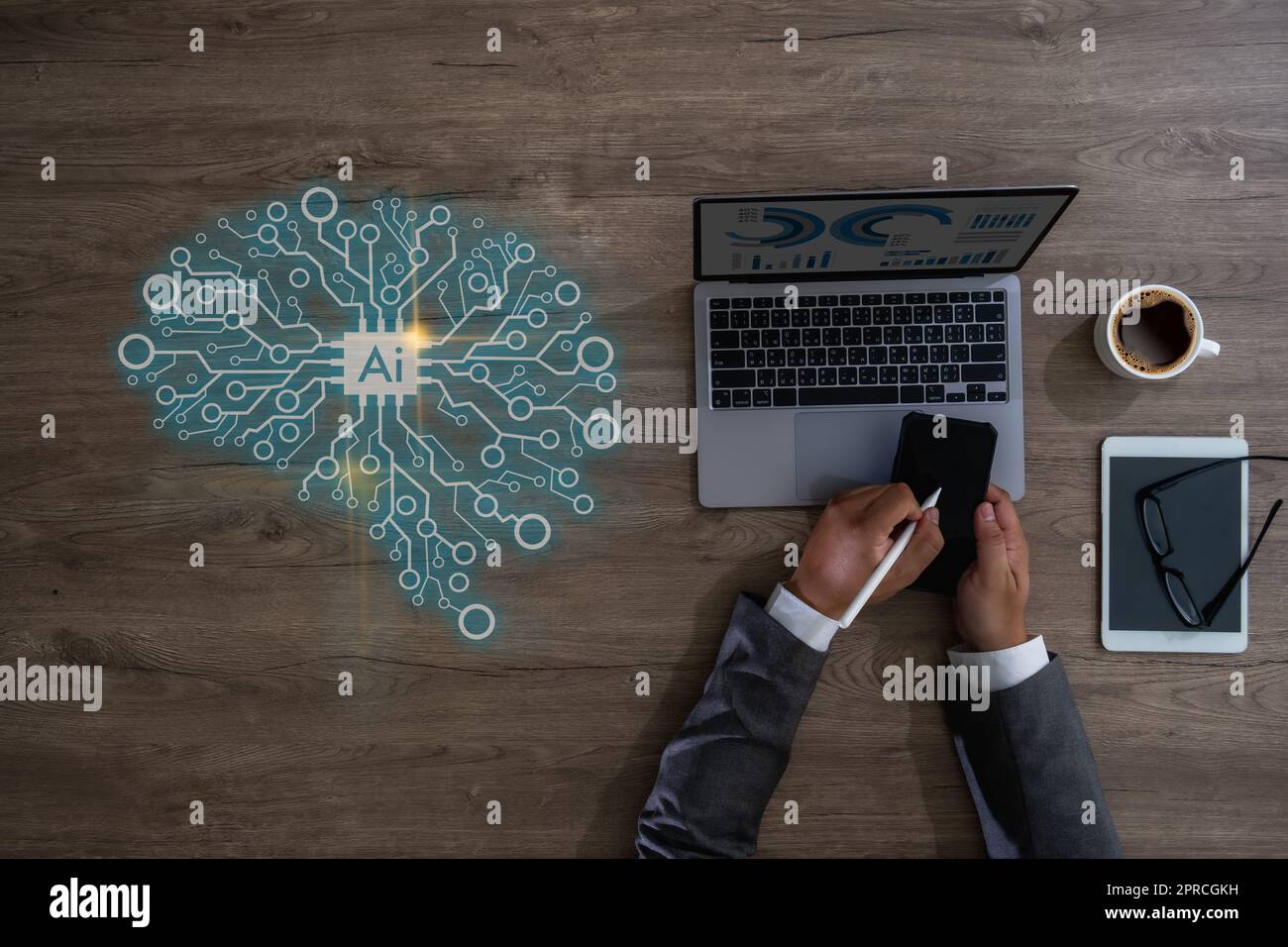 Artificial Intelligence (AI) Businessman hand working computer big data ...