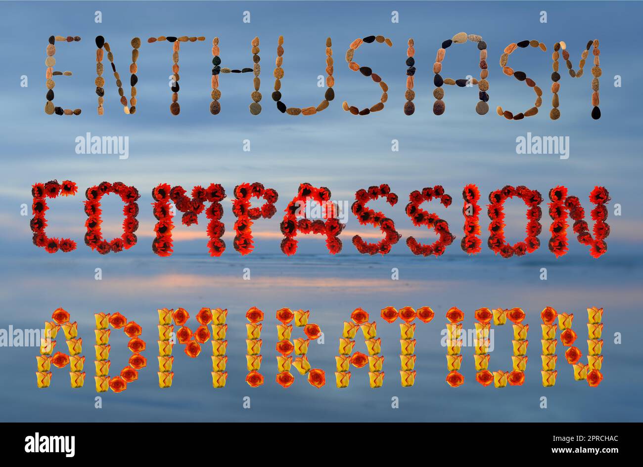 Positive meaning words, enthusiasm, compassion, admiration colorfully ...