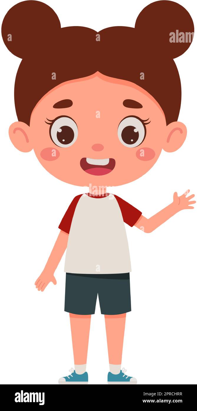 Cute cartoon little girl waving her hand. Little schoolgirl character ...