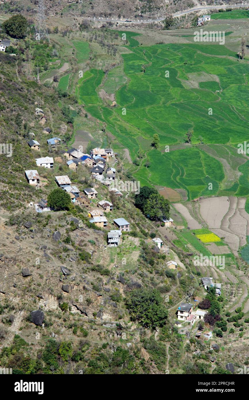 Aerial view of a Himalayan village and terrace farming field in state ...