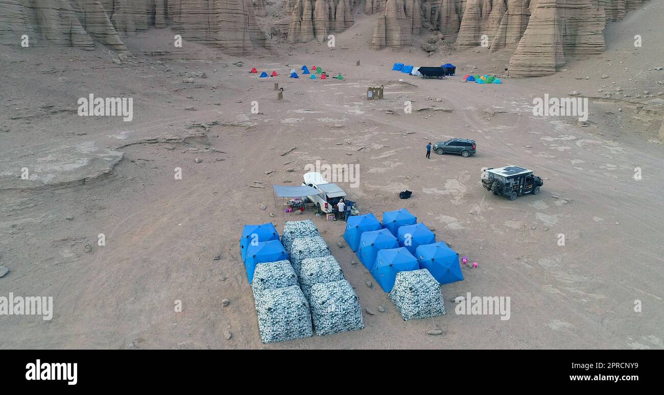HAMI, CHINA - APRIL 21, 2023 - An aerial photo shows campers in ...