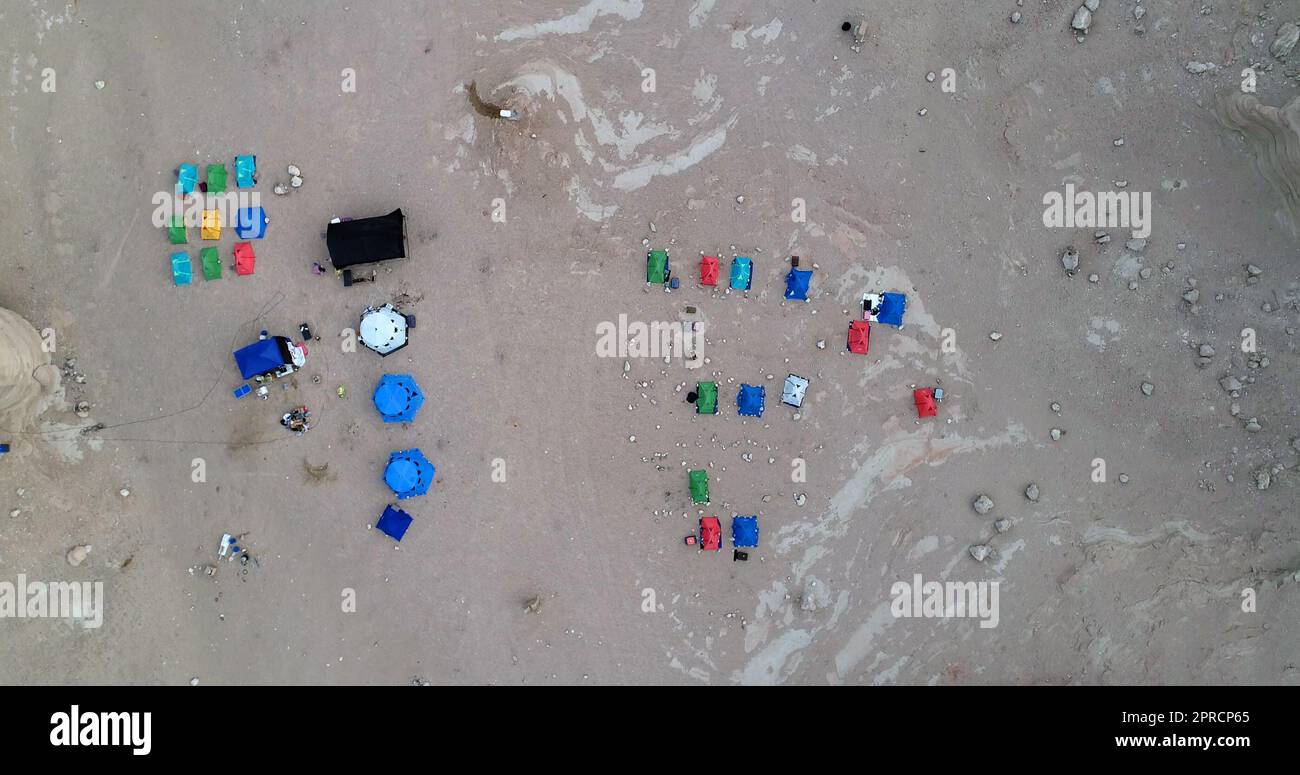 HAMI, CHINA - APRIL 21, 2023 - An aerial photo shows campers in ...