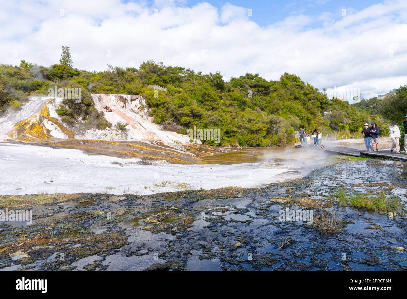 Orakei Korako - April 17 2023; Tourists on platform viewing geothermal ...