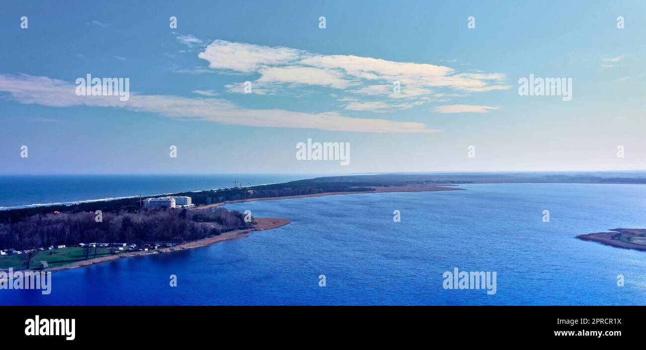 Aerial view from Lake Resko Przymorskie, Poland, just behind the coast ...