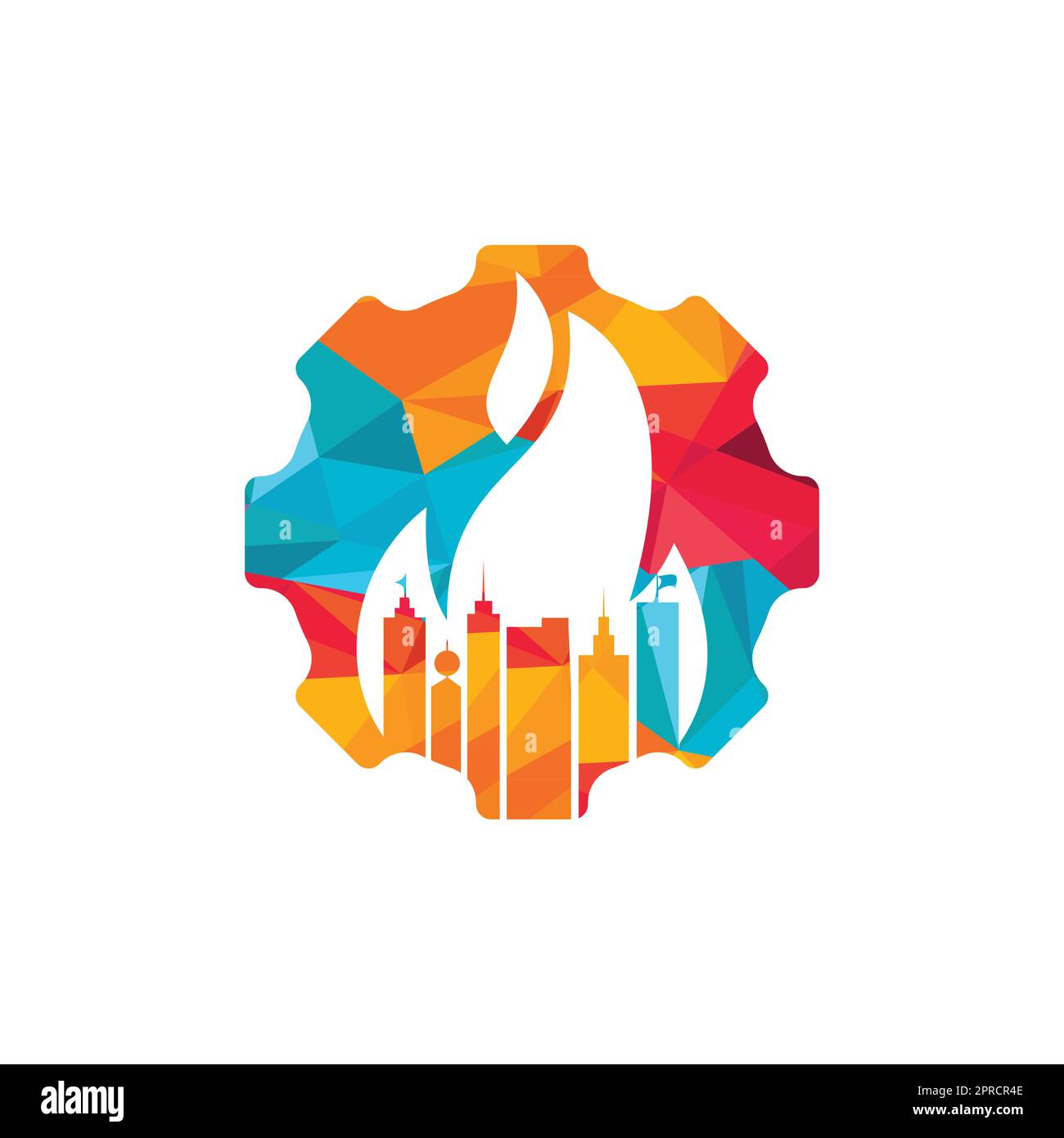 Fire city vector logo design template. Buildings and fire with Cog ...
