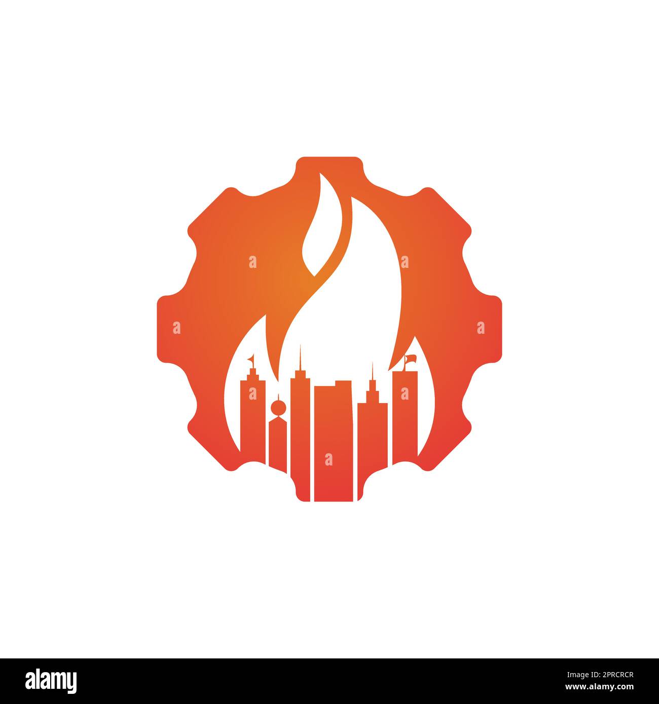 Fire city vector logo design template. Buildings and fire with Cog ...