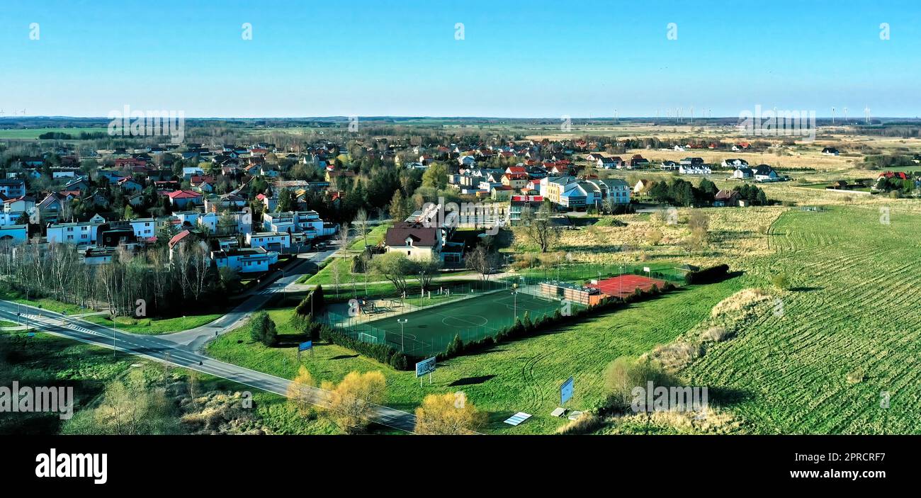 Aerial view of the village of Grzybowo near Kołobrzeg, Poland, with a ...