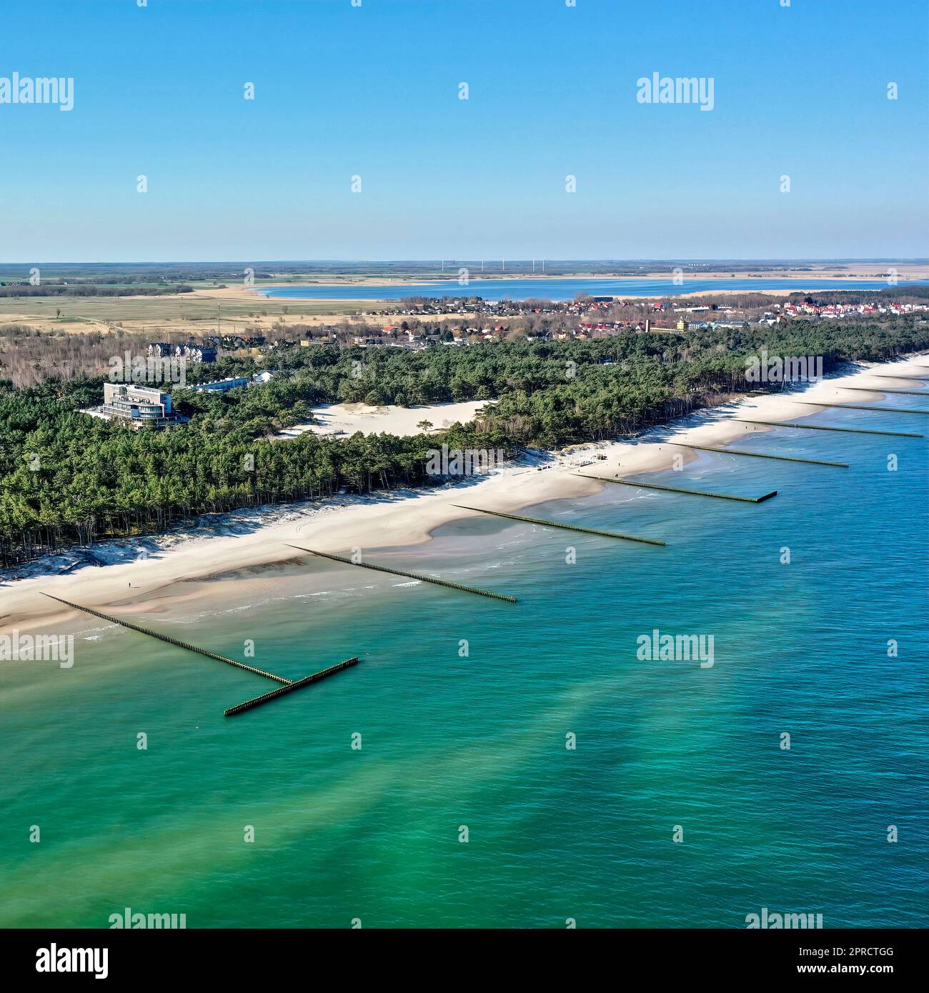 Aerial view looking from the sea over the beach and coastal forest to ...