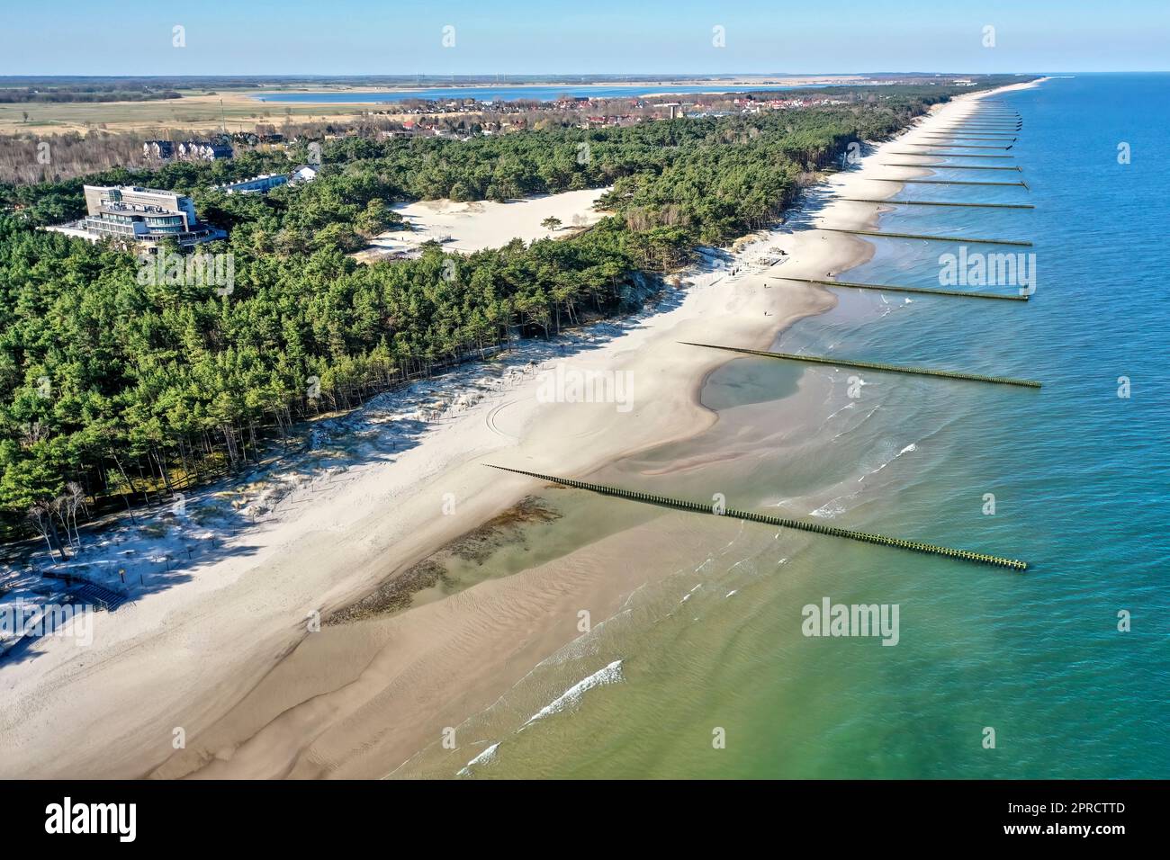 Aerial view looking from the sea over the beach and coastal forest to ...