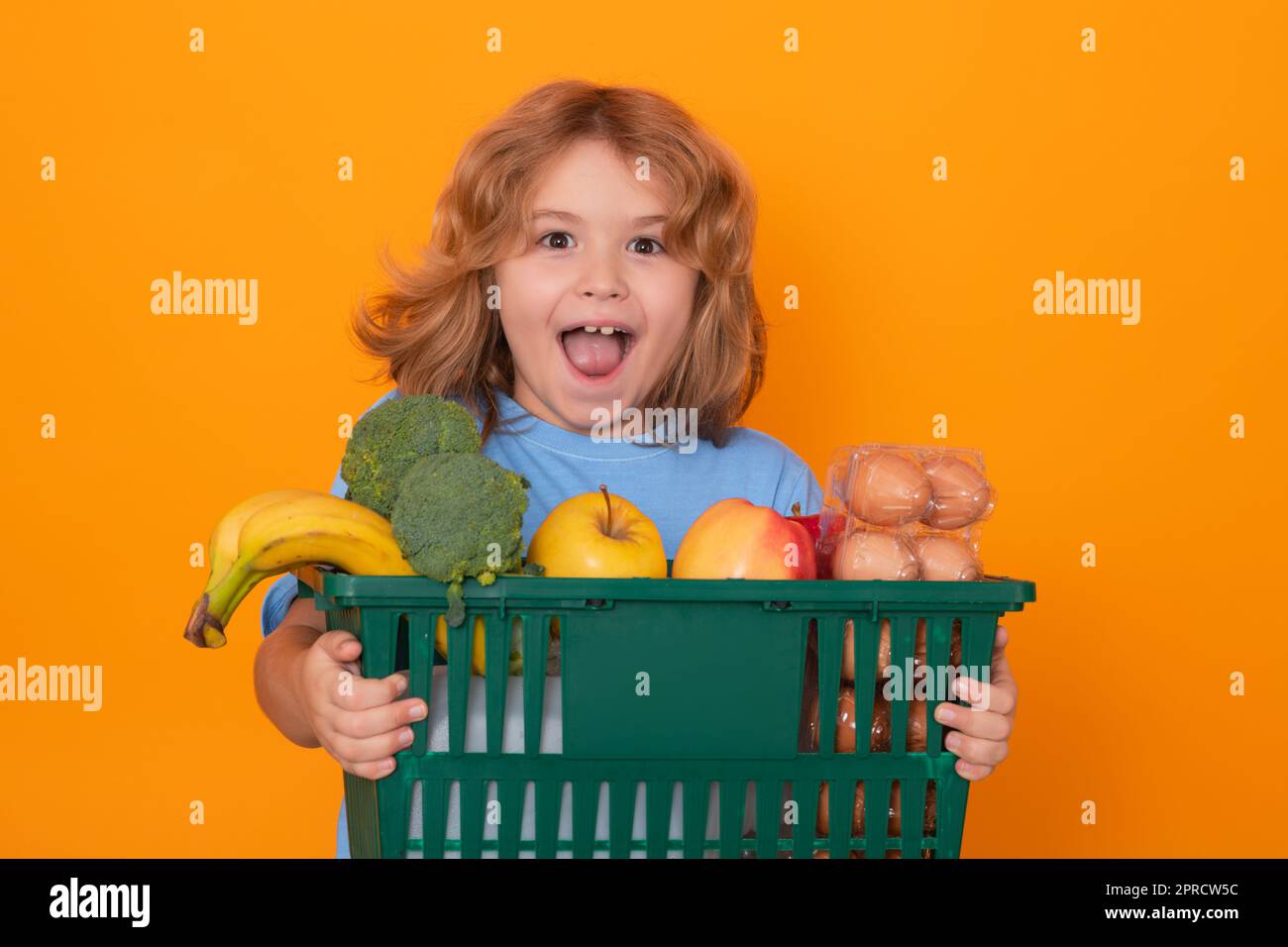 Shopping grocery. Portrait of child with shopping basket purchasing ...
