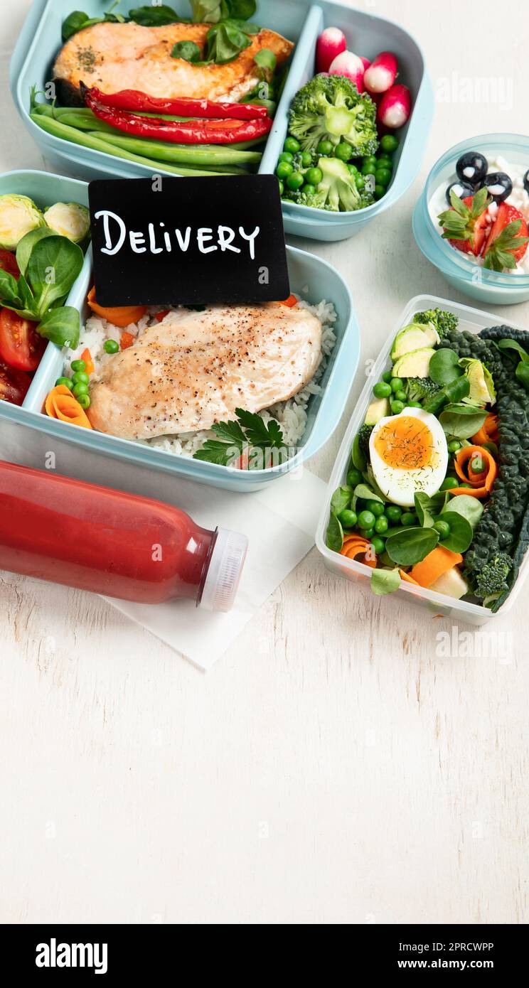 Different types of healthy meals in containers, Takeout food menu, top ...
