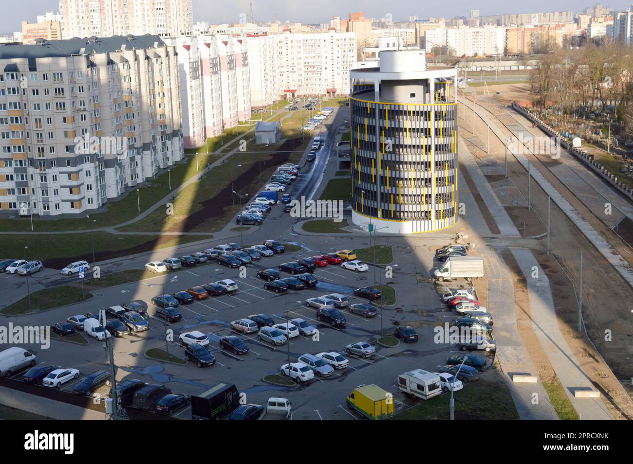 View from the top of a large open car parking and indoor multi-level ...
