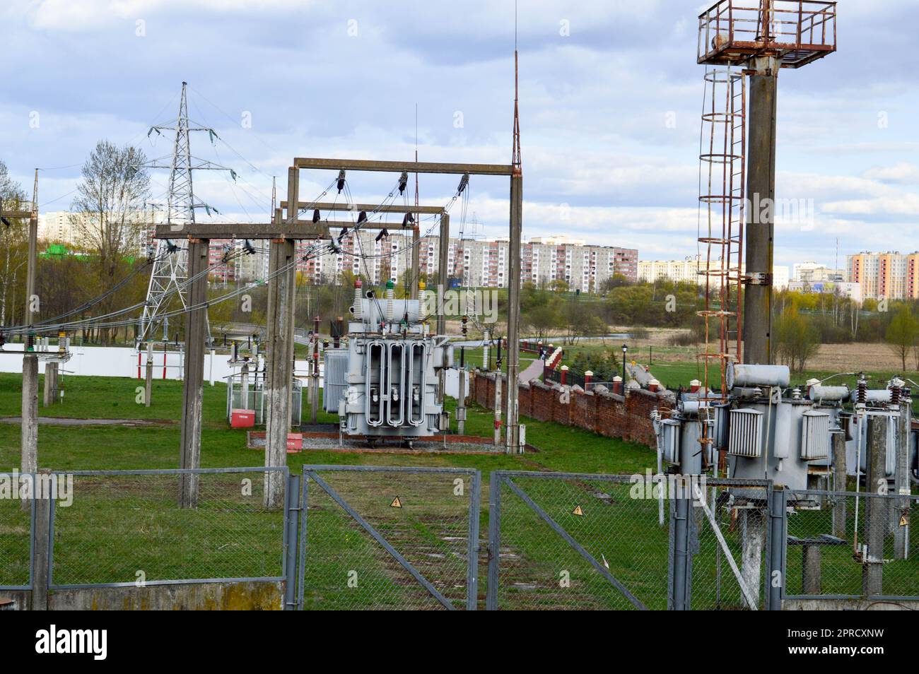 Large industrial iron metal transformer substation with transformers ...