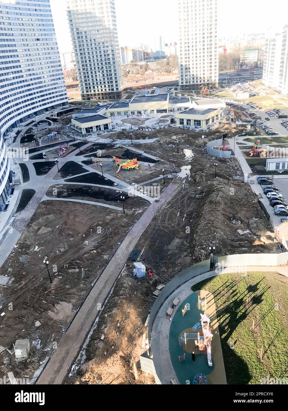 View of the new beautiful residential complex from new buildings with ...