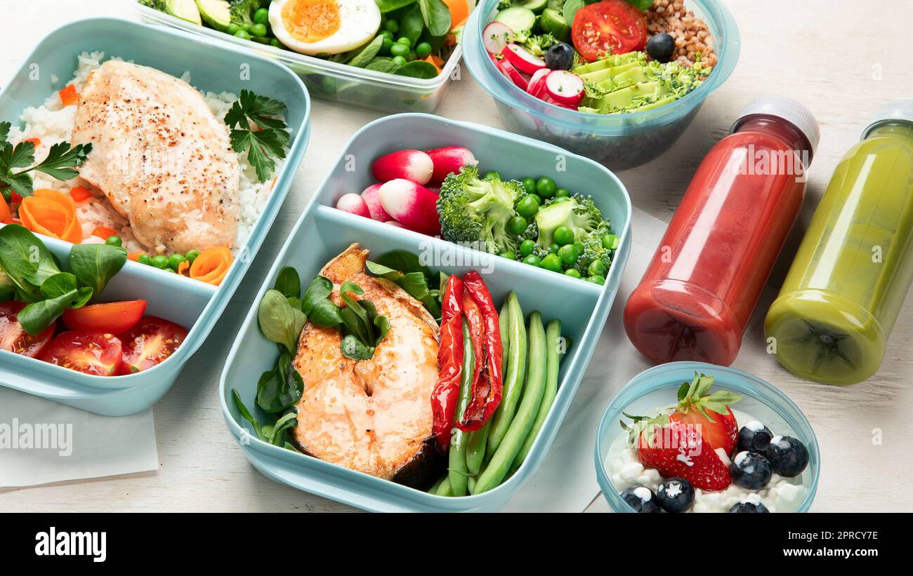 Different types of healthy meals in containers, Takeout food menu, top ...