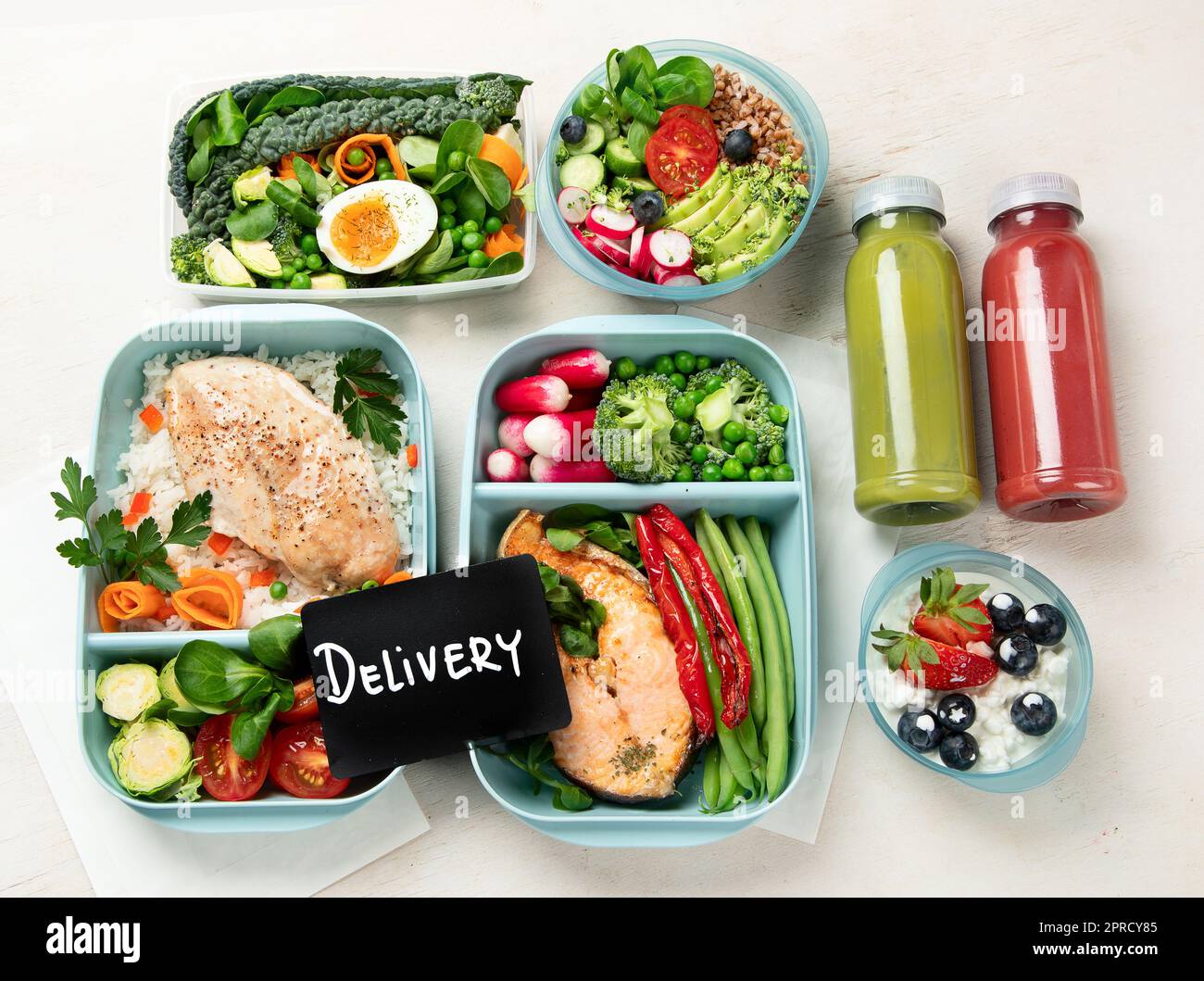 Different types of healthy meals in containers, Takeout food menu, top ...