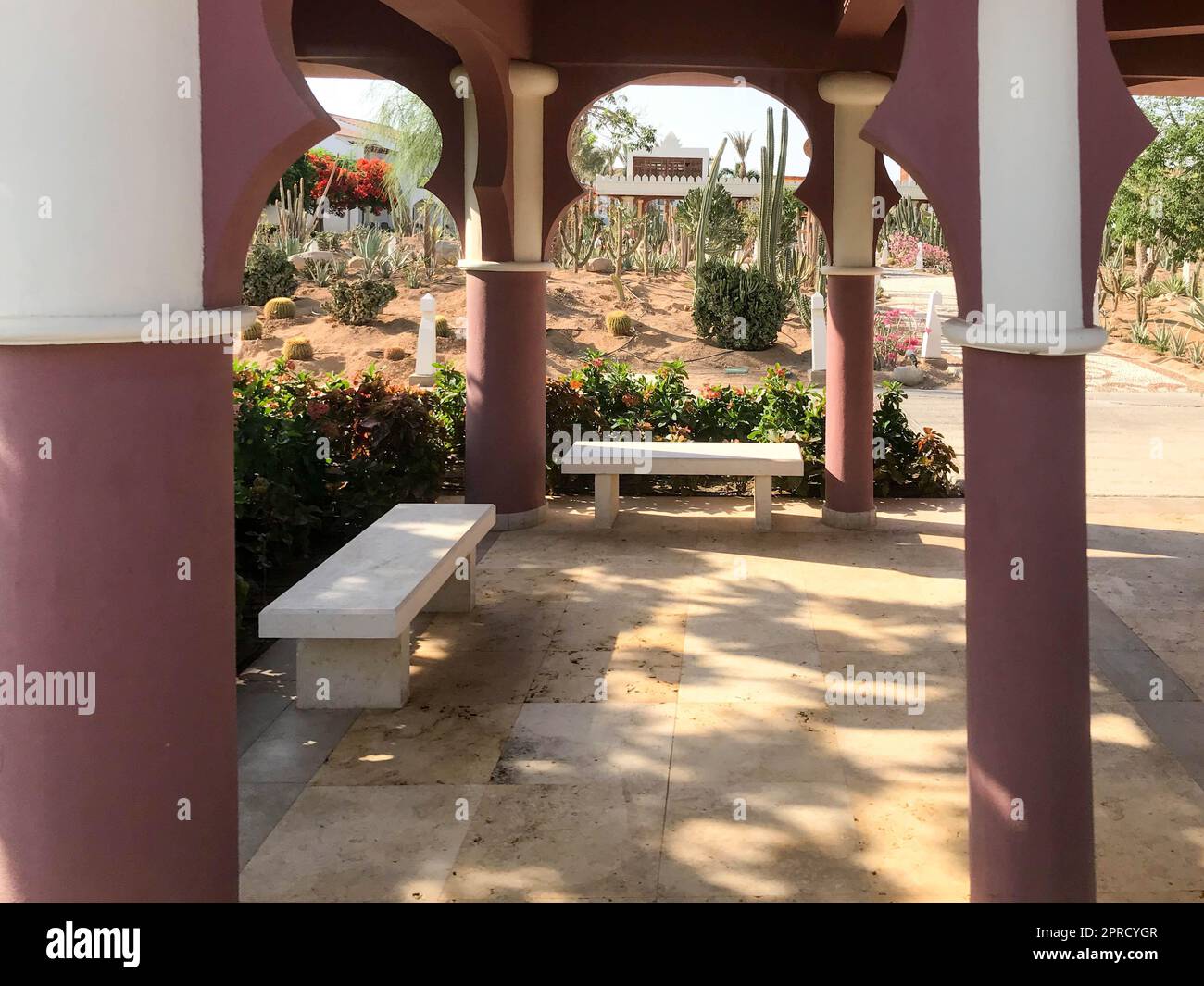 Beautiful bus stop of public transport with benches made of white ...