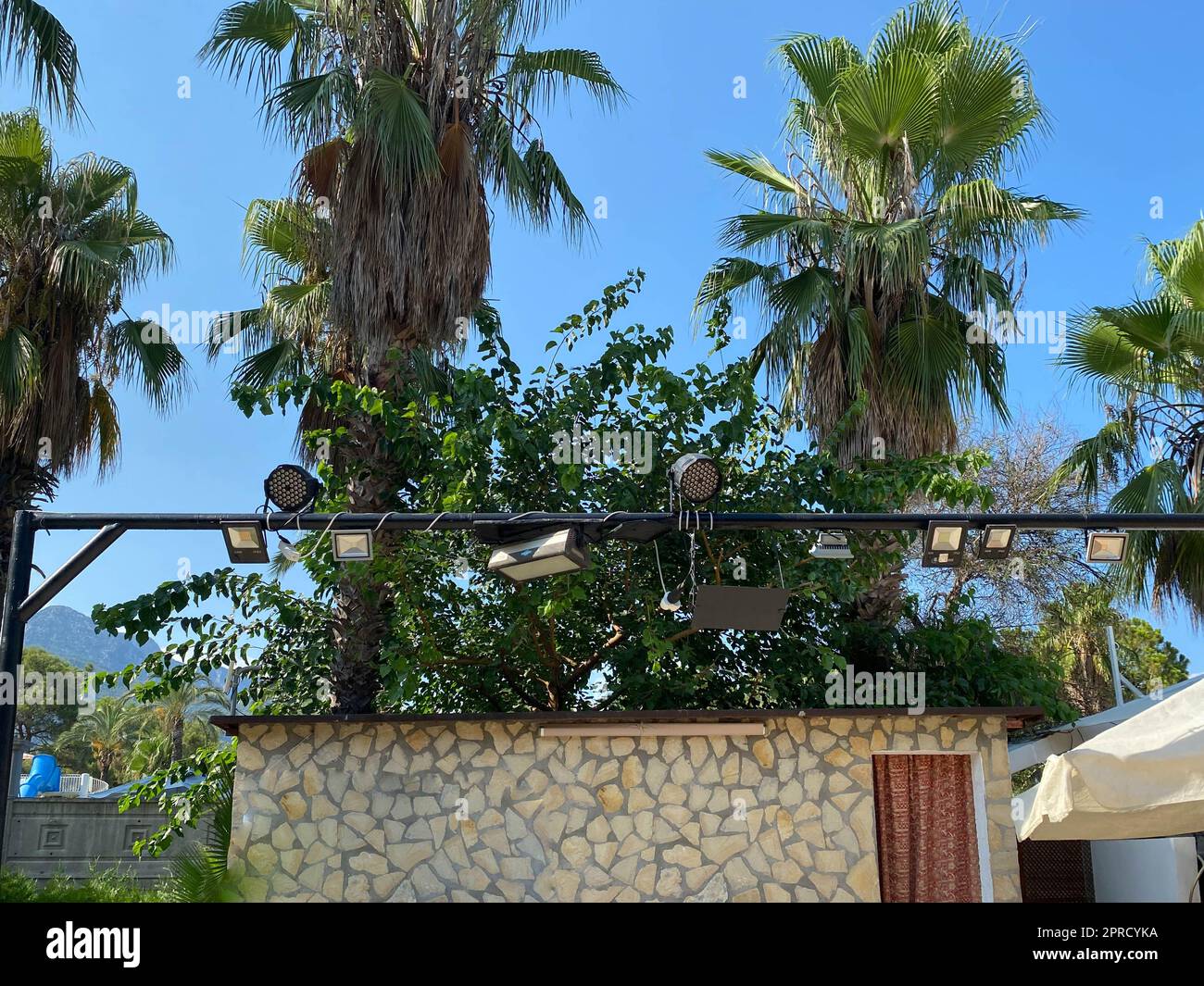 Audio visual scaffolding with concert spotlights and speakers, at an ...