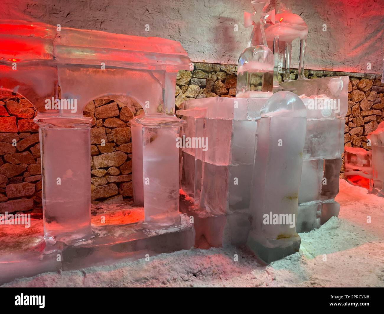 Large transparent winter ice sculptures and figures, columns at the ...
