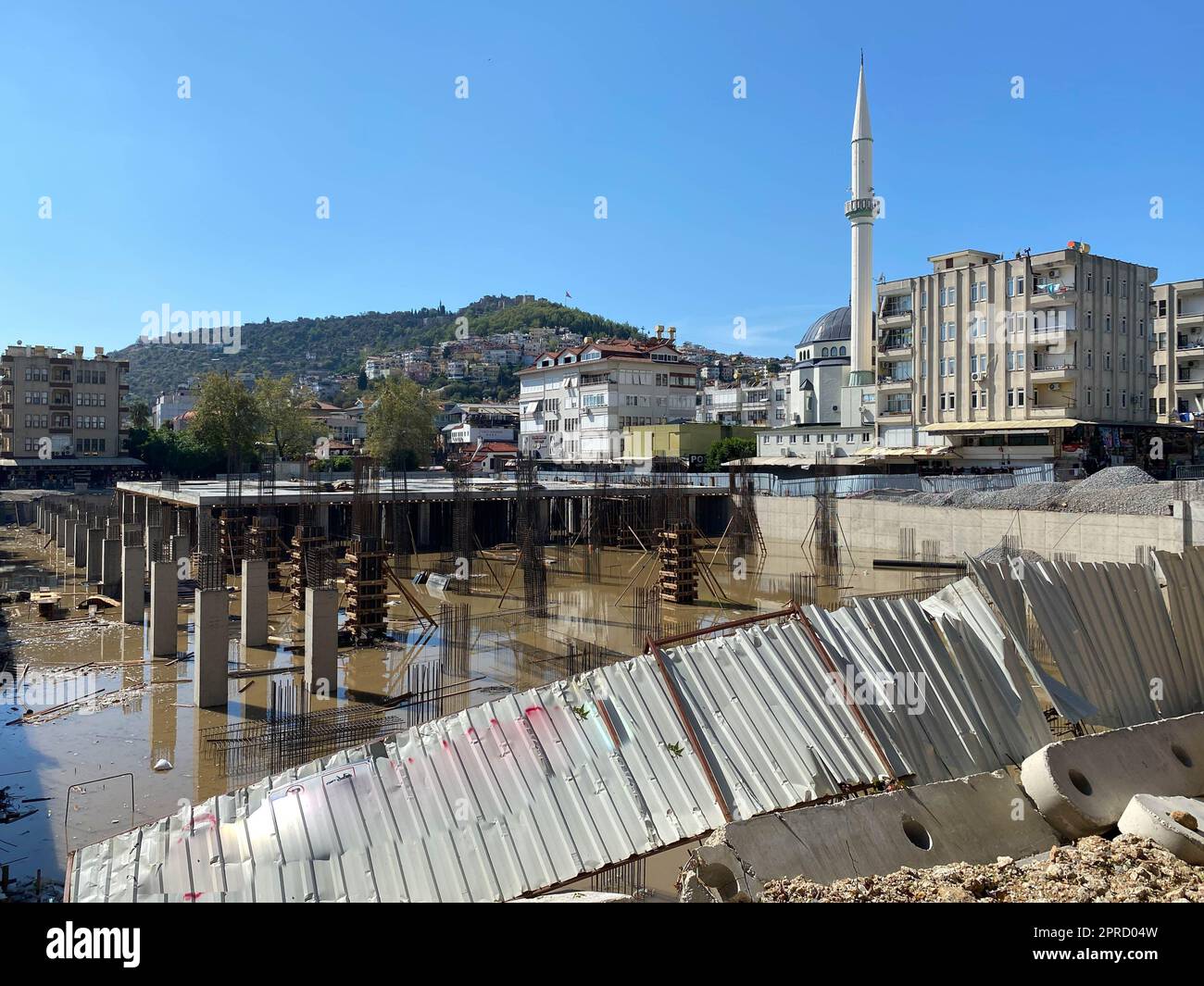 Construction of a monolithic-frame building, unfinished foundation with ...