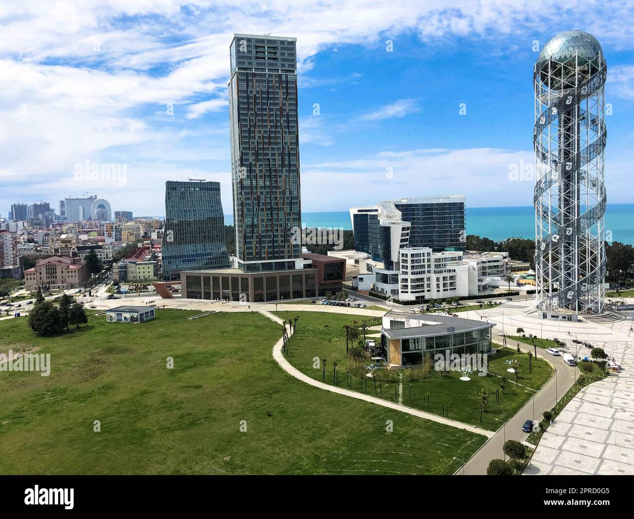 A large beautiful metal modern spiral high architecture tower alphabet ...