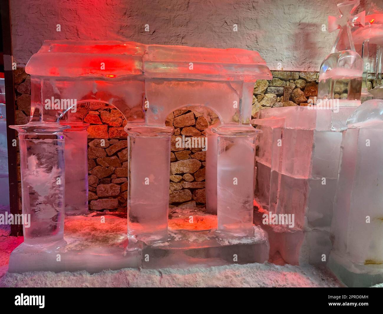 Large transparent winter ice sculptures and figures, columns at the ...