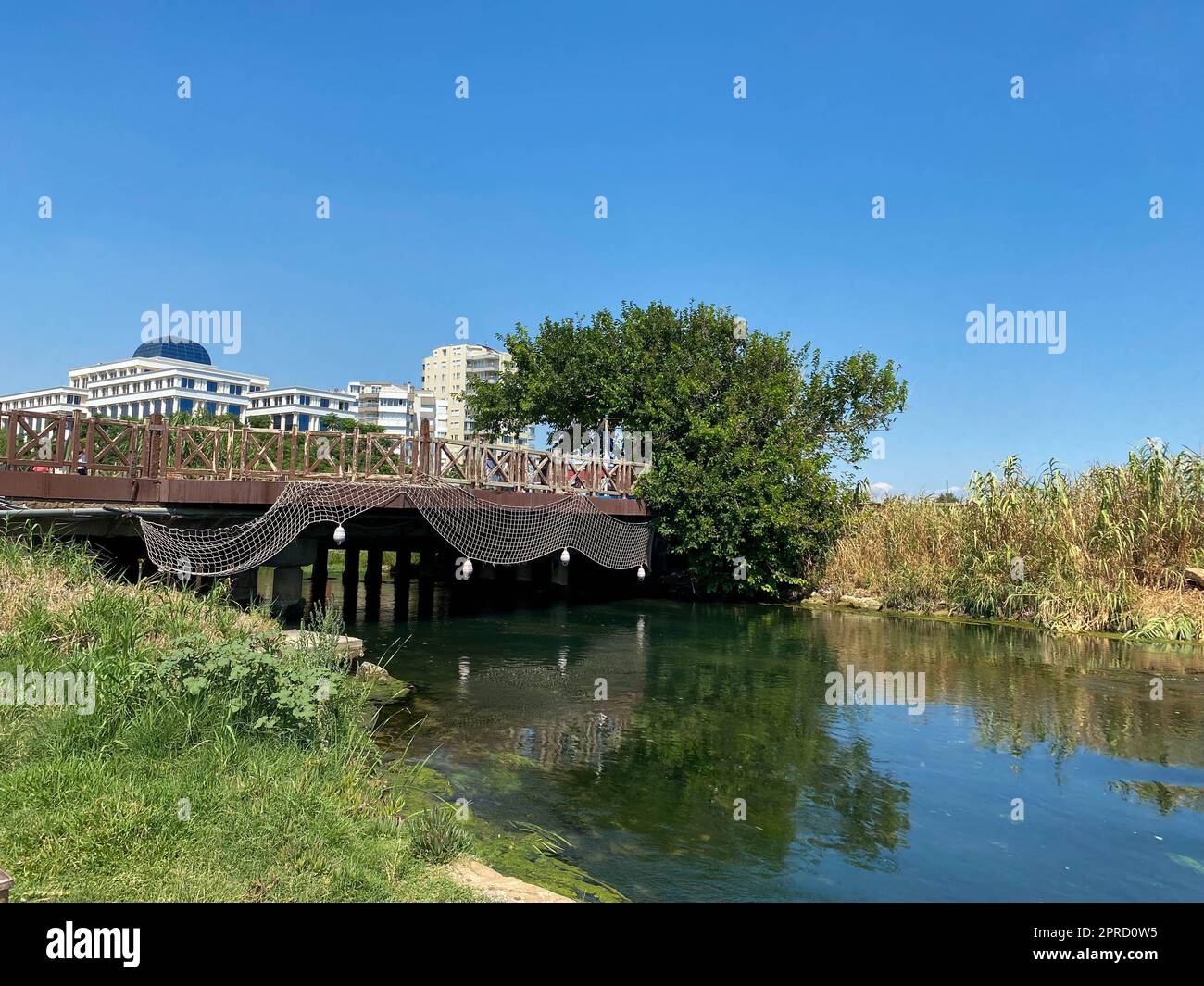 Hand made small romantic wooden bridge over the river water surrounded by trees and flowers ...