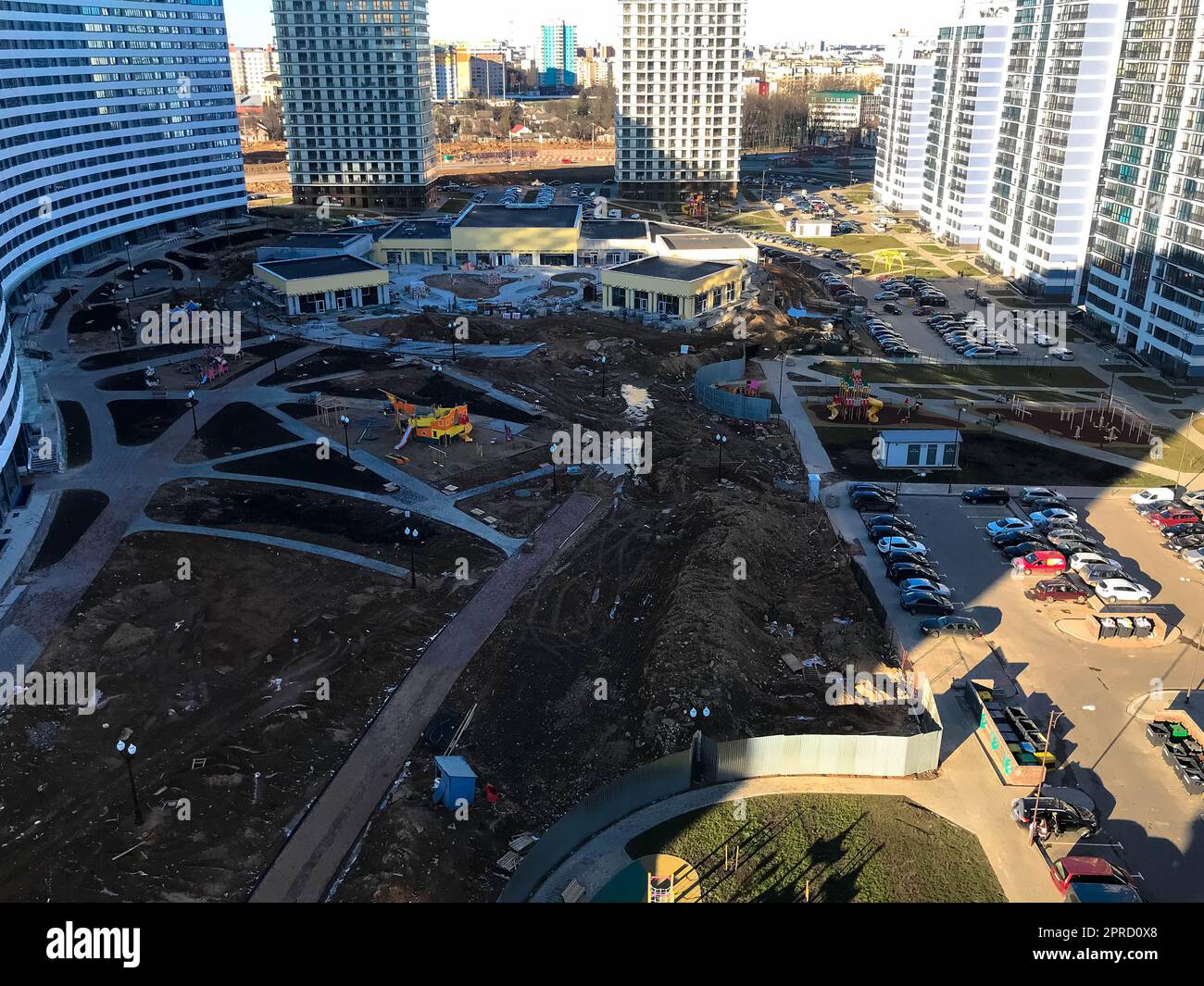 View of the new beautiful residential complex from new buildings with ...