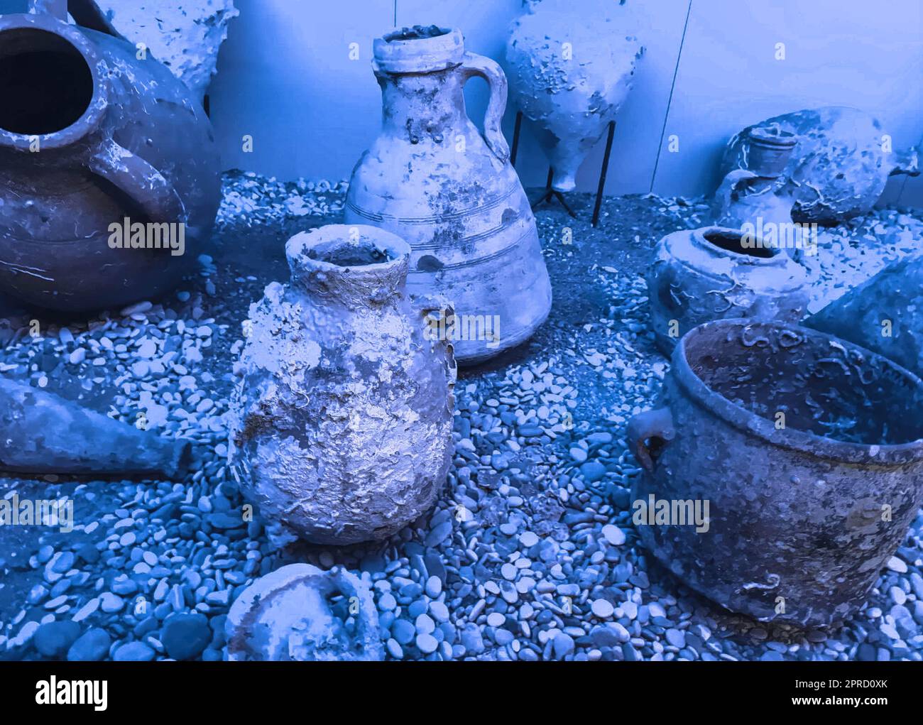 two decorative jugs underwater, sea world. treasure hunt, diving ...