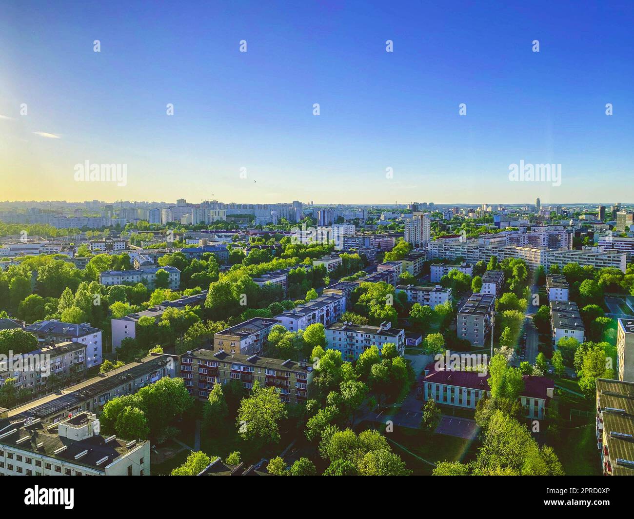 panoramic view of the city. beautiful tall houses, a green park ...