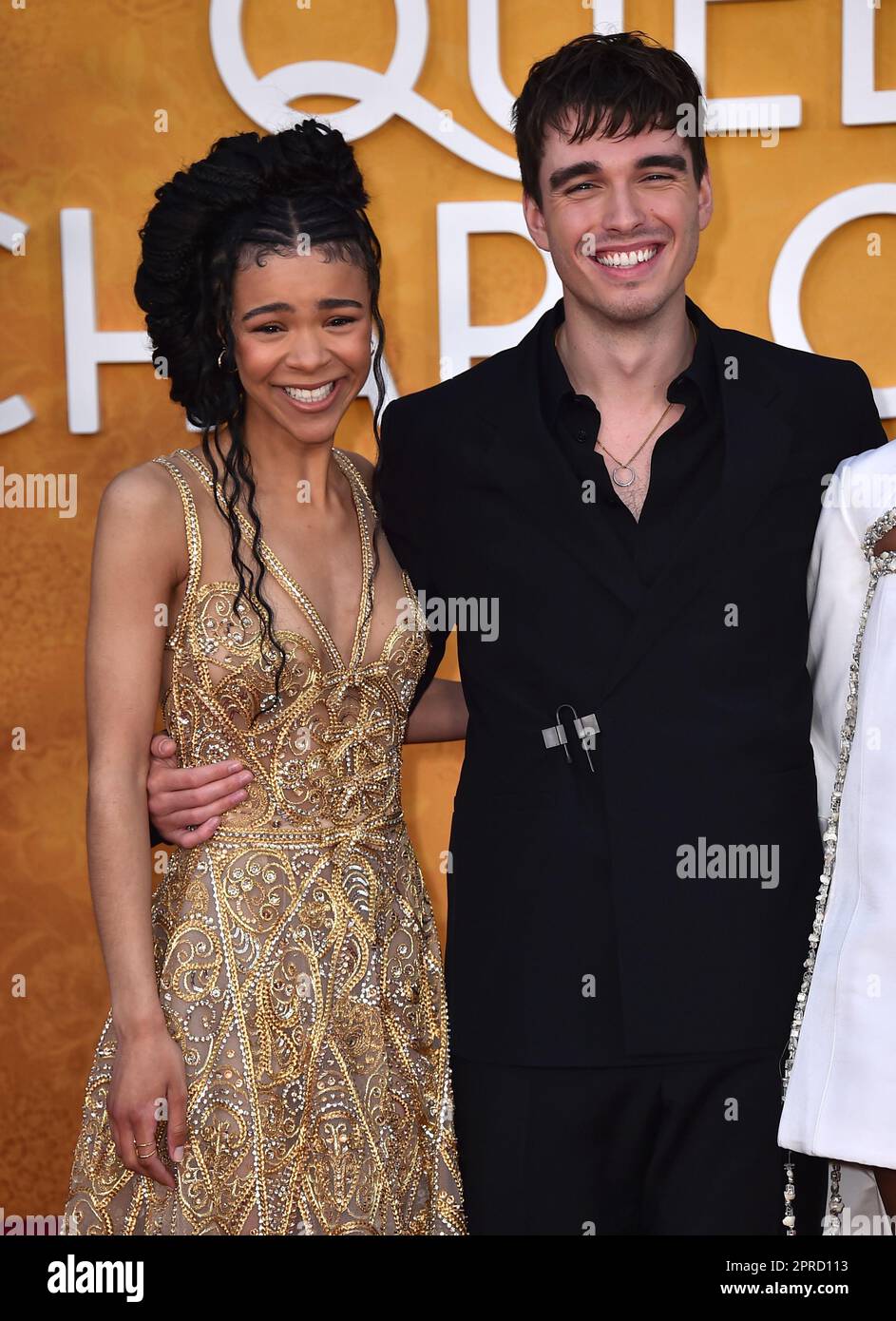 India Amarteifio, left, and Corey Mylchreest arrives at the Los Angeles ...
