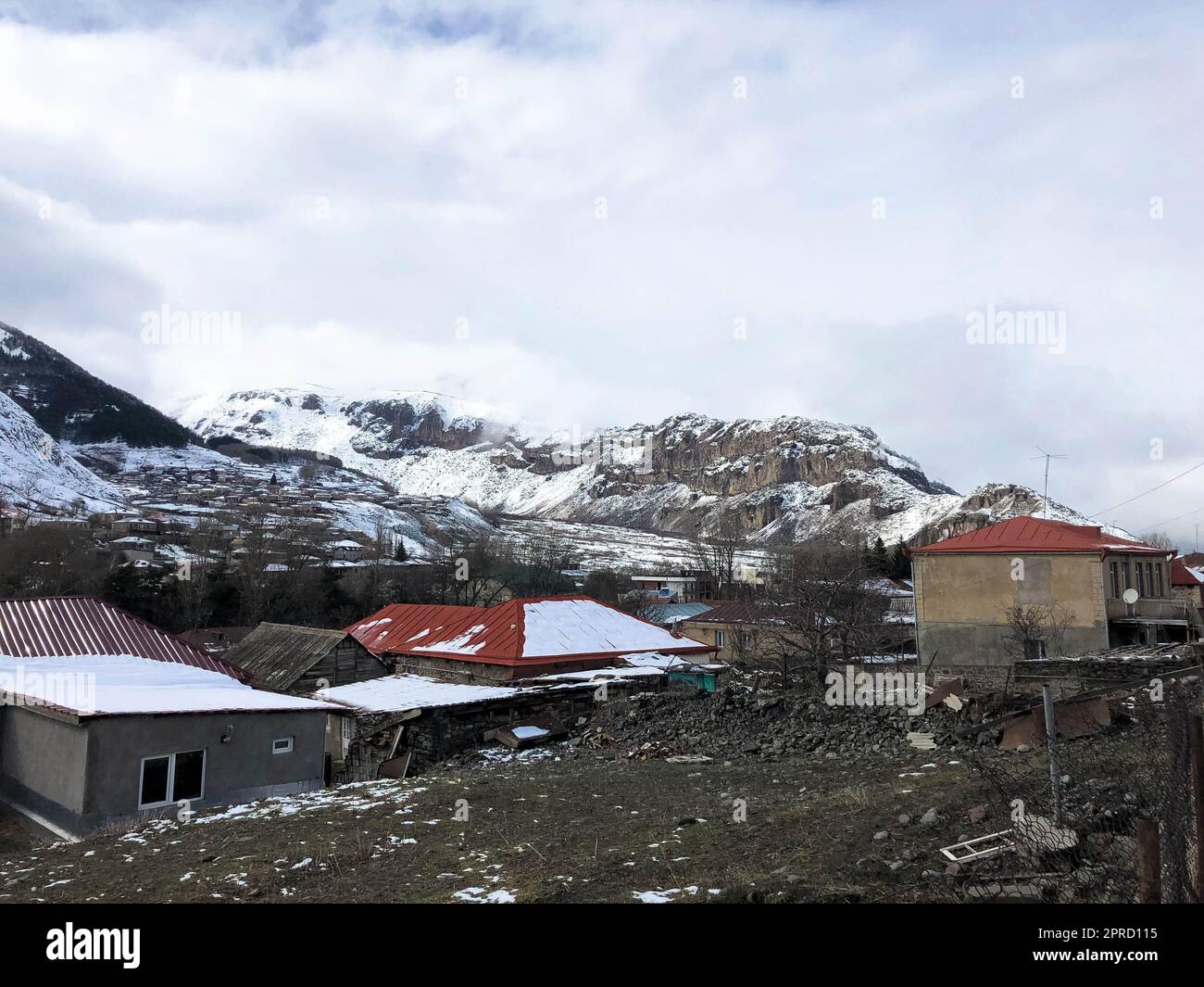 Small stone houses, buildings in the village on a beautiful mountain ...