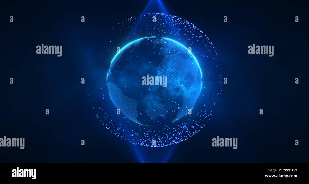 Abstract blue planet earth spinning with futuristic high-tech particles ...