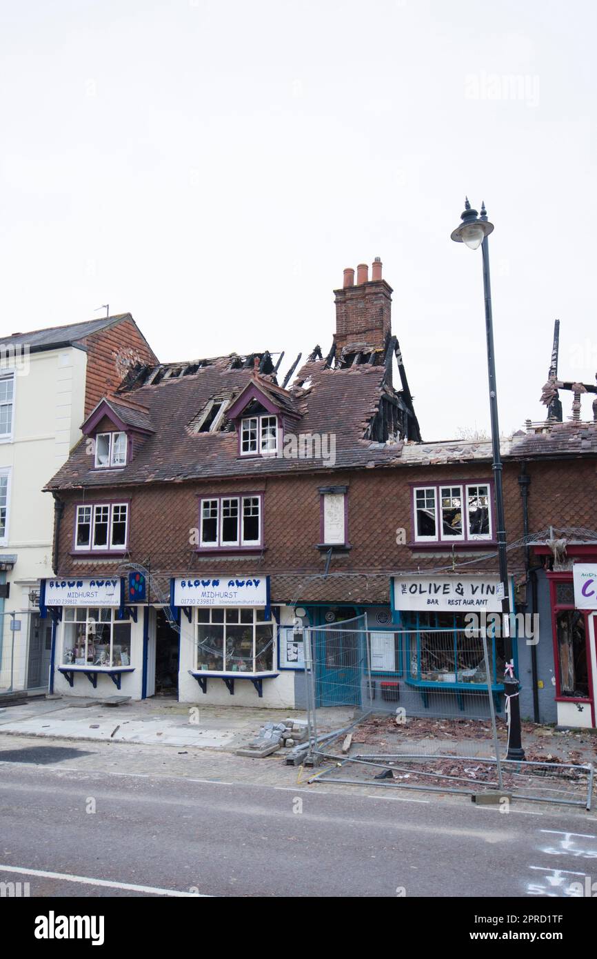 burned out shops adjoining The angel Hotel destroyed by fire , Midhurst ...