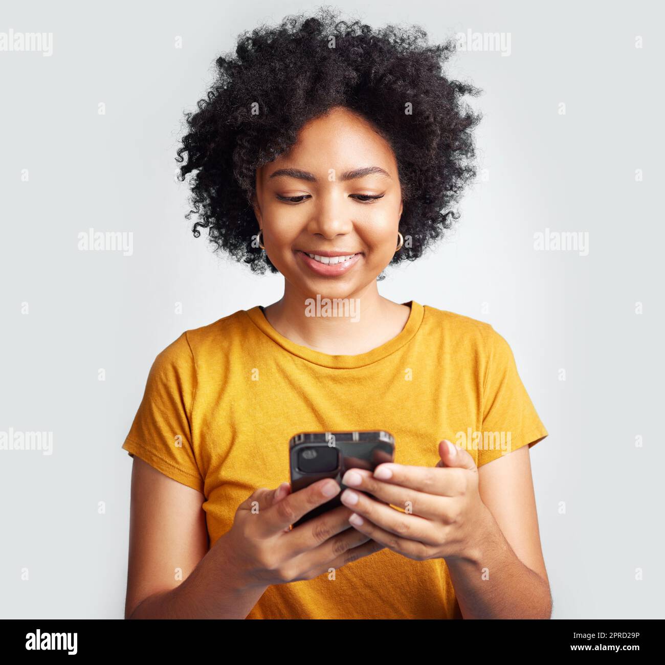 Happy, woman and cellphone texting on white background of notification ...