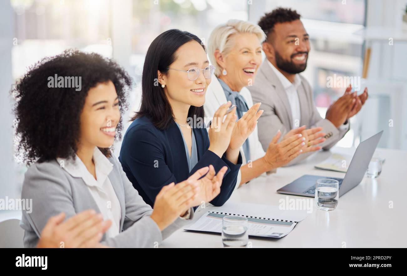 Conference panel, smile and business people applause, congratulations and happy for presentation ...