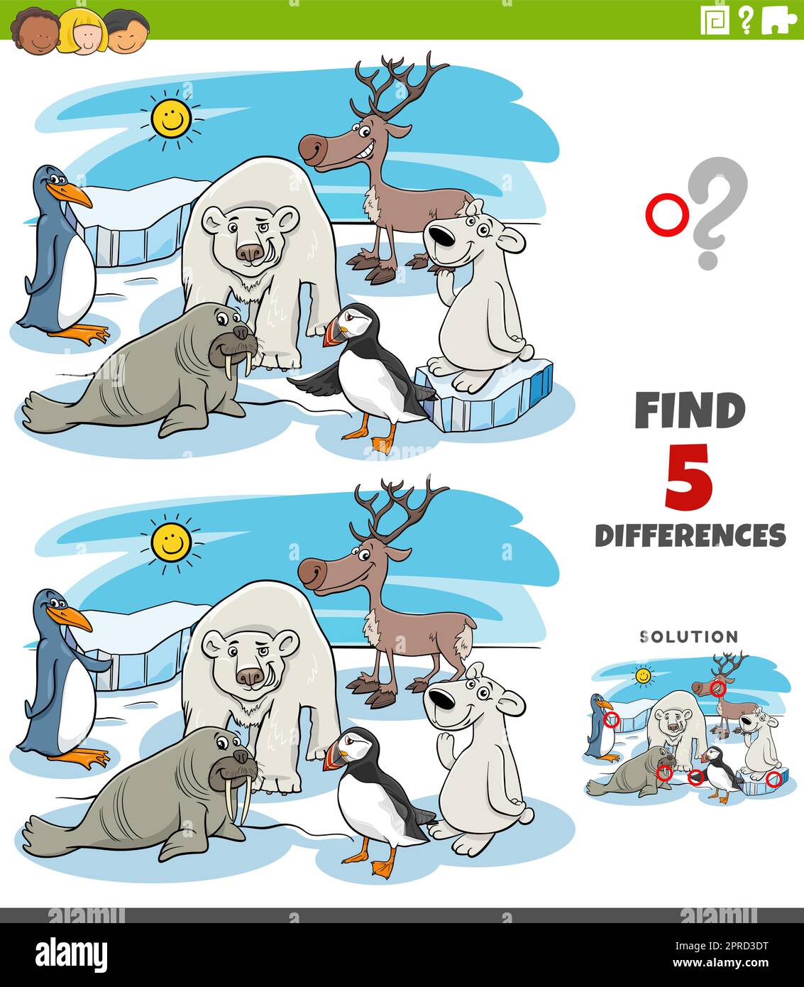 differences game with cartoon polar animal characters Stock Vector ...