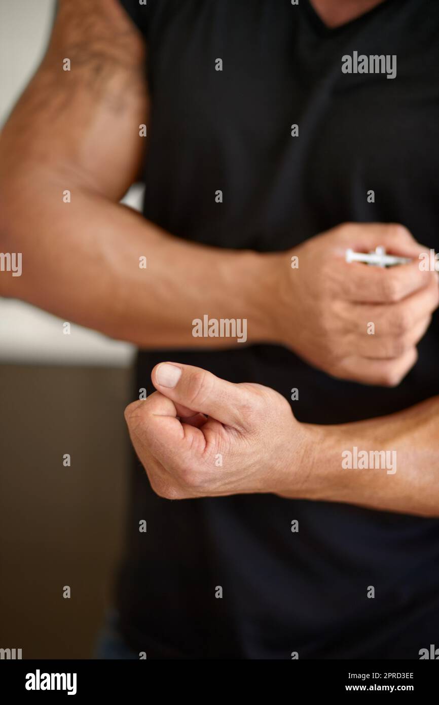 Fitness, needle and muscle with arm of man for performance ...