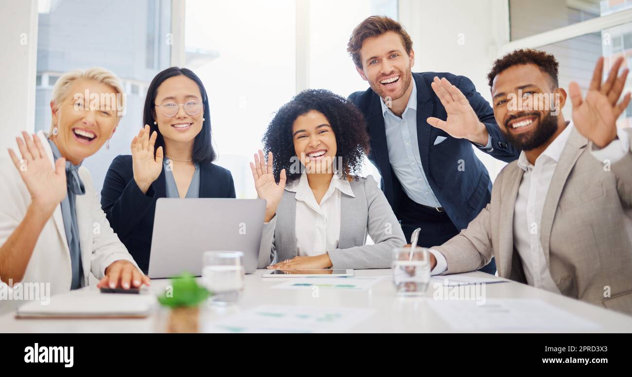 Business people, group wave and video call together for webinar in ...