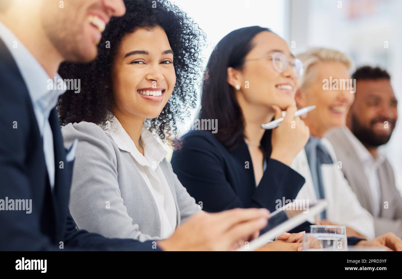 Conference panel, portrait and happy woman, business audience or ...