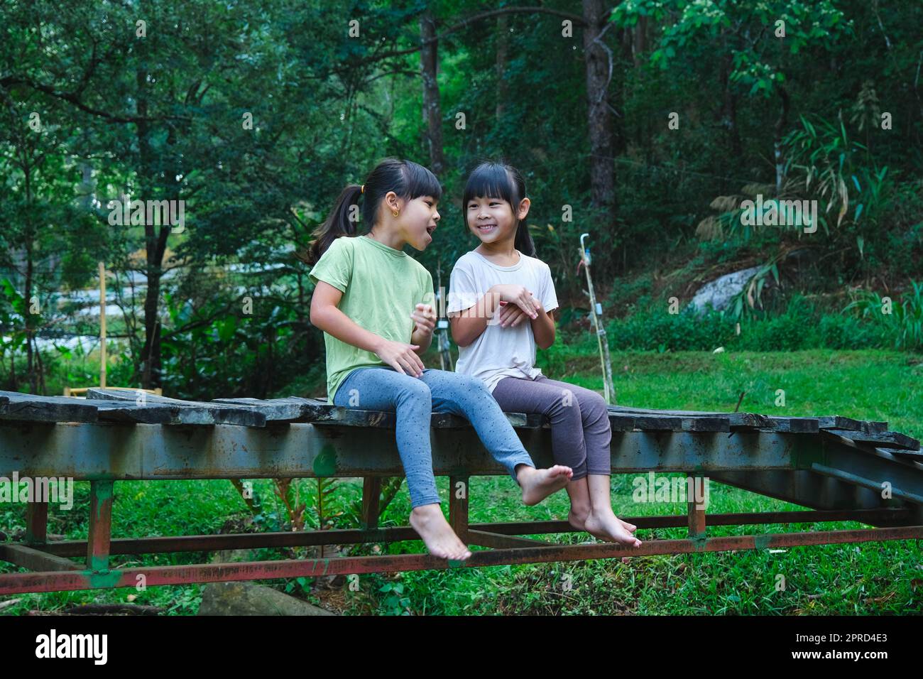 Cute Asian Girls Sitting Together On Wooden Bridge Two Happy Young