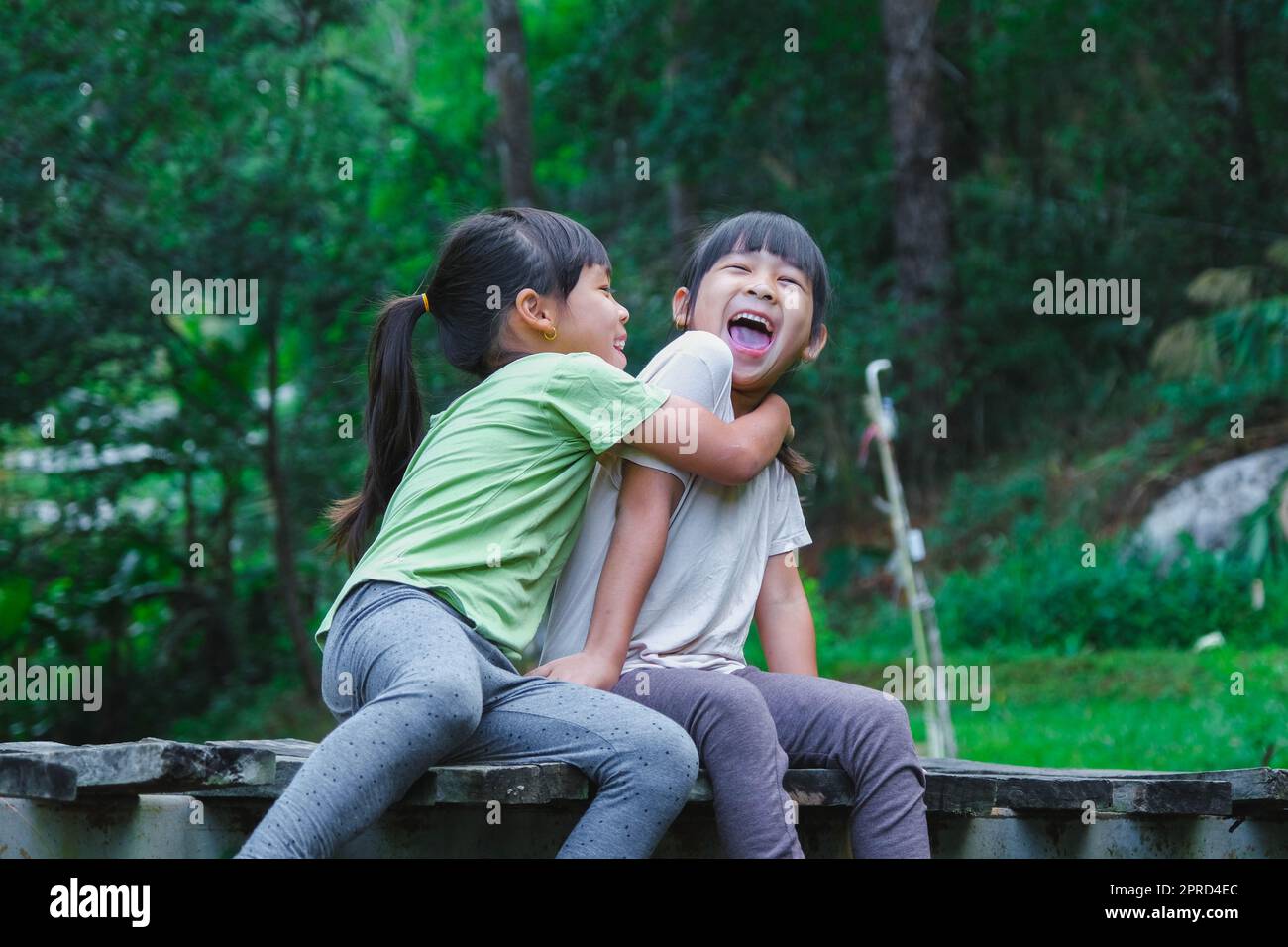 Cute Asian Girls Sitting Together On Wooden Bridge Two Happy Young