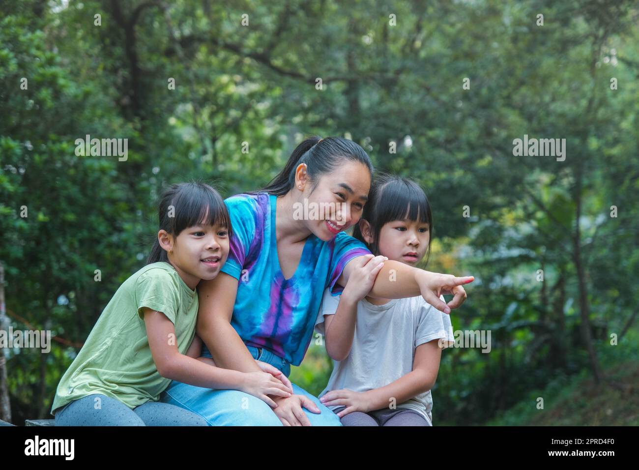 Happy young mother with little girls sitting on wooden bridge near ...