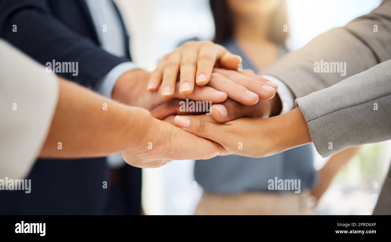 Support, business people collaboration and hands stack together in ...