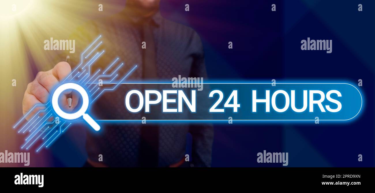Hand writing sign Open 24 Hours. Concept meaning Working all day ...