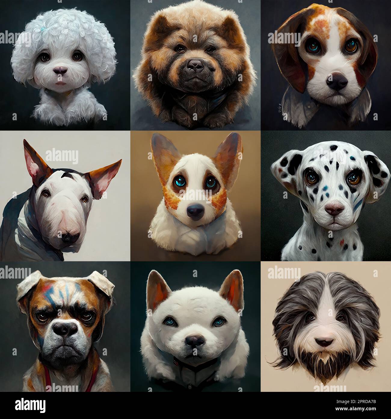 Digital illustration of different breeds dog. Dog faces collection ...