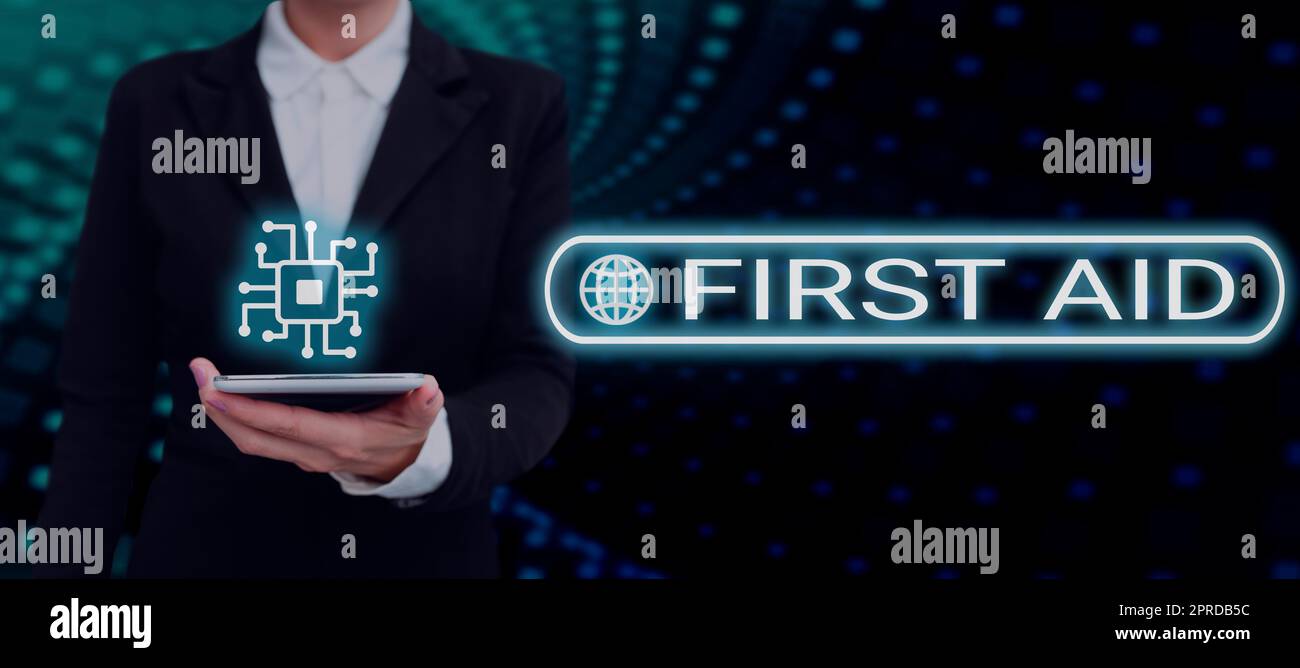 Hand writing sign First Aid. Word Written on Practise of healing small ...