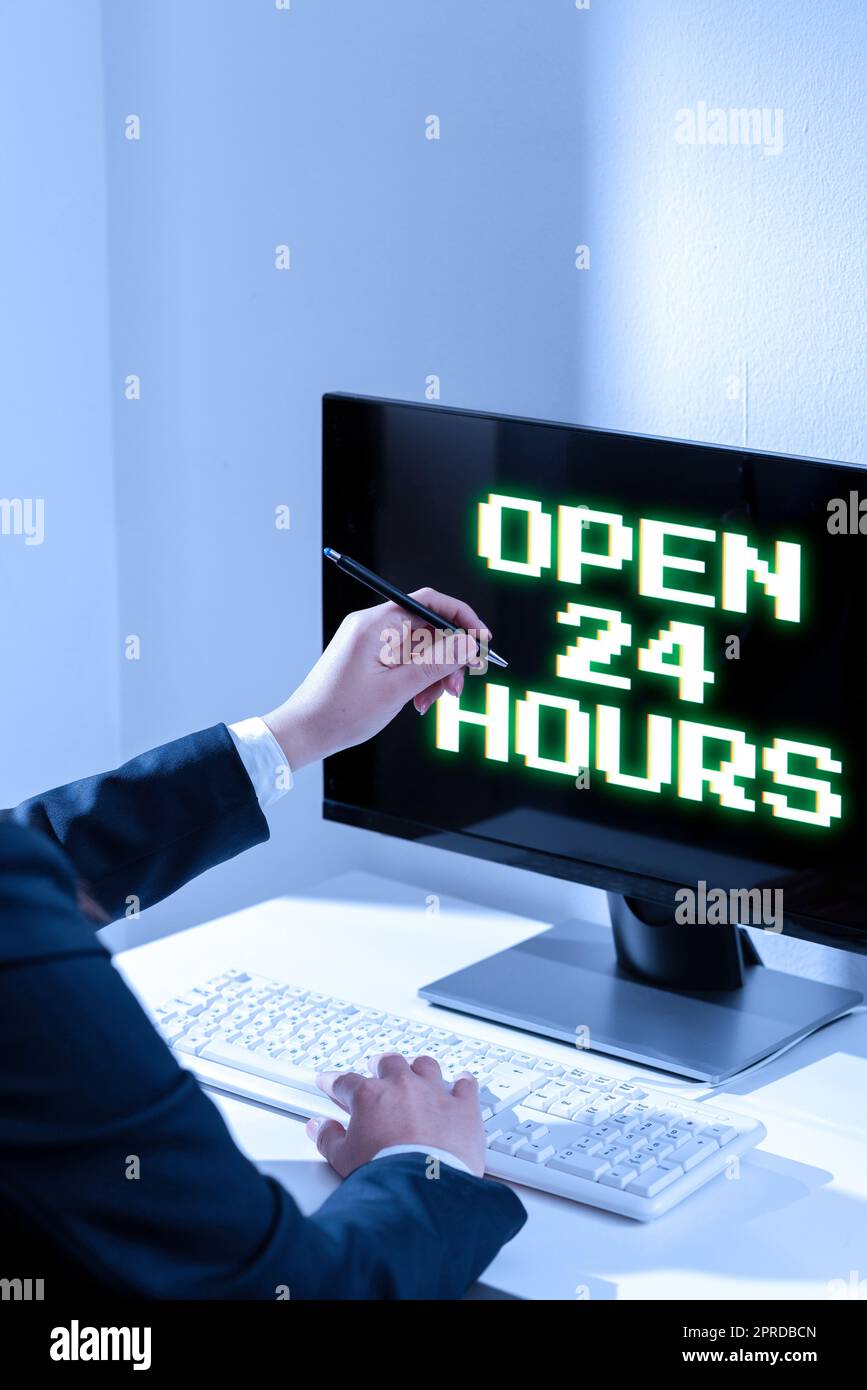 Text caption presenting Open 24 Hours. Business idea Working all day ...
